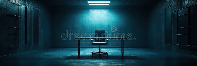 A Realistic Dark Interrogation Room Featuring a Table and an Empty ...