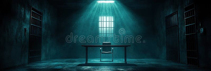 Realistic Dark Interrogation Room Featuring Table Empty Chair Center ...
