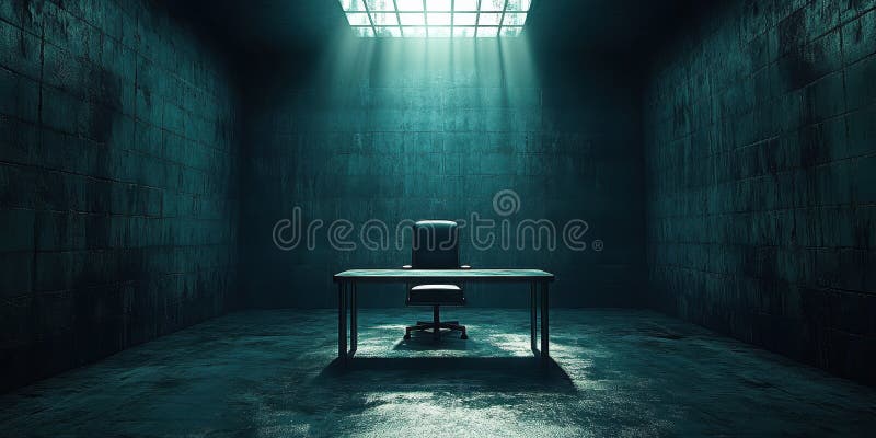 A Realistic Dark Interrogation Room Featuring a Table and an Empty ...