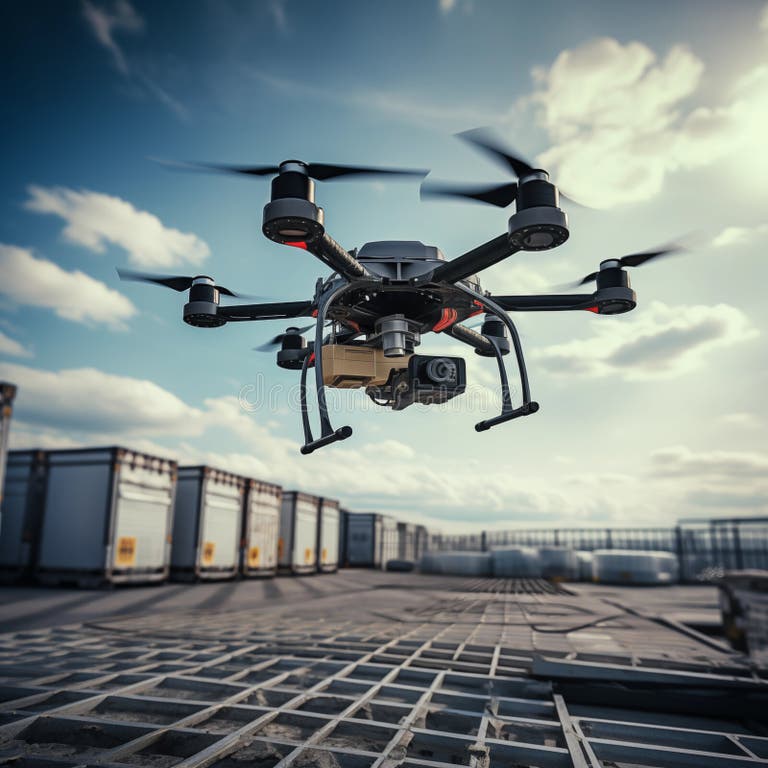 Realistic Delivery Drone Flies Over Warehouse Stock Illustration ...