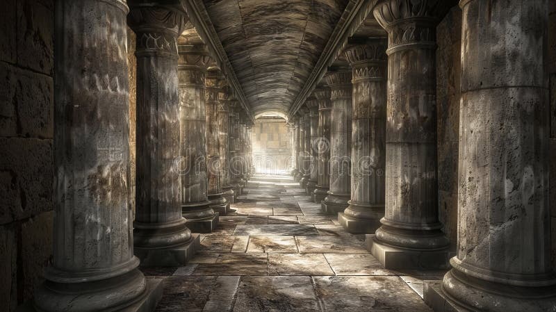 Realistic Depiction of a Corridor Surrounded by Ancient Columns Inside ...