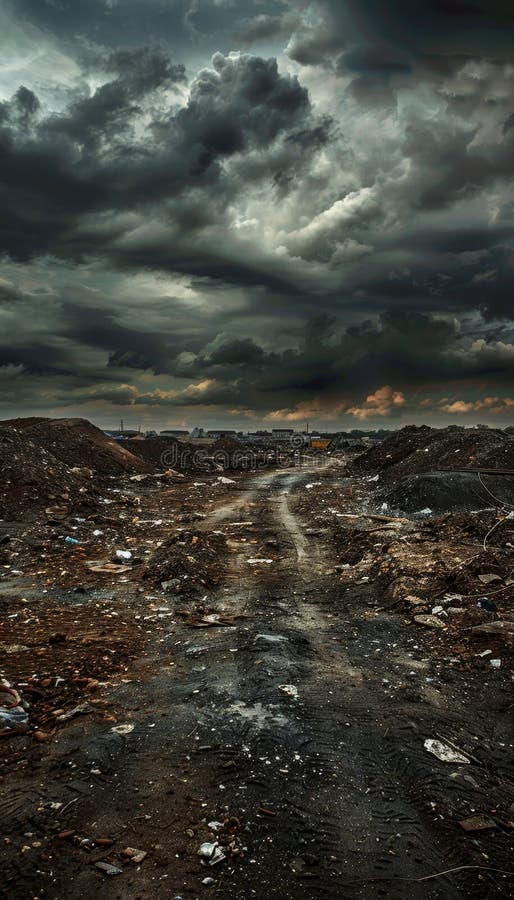 Realistic Depiction of a Garbage Dump Landscape Under a Dramatic Cloudy ...