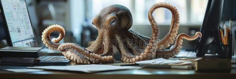 Realistic Octopus with Laptops in Modern Office Setting Stock ...
