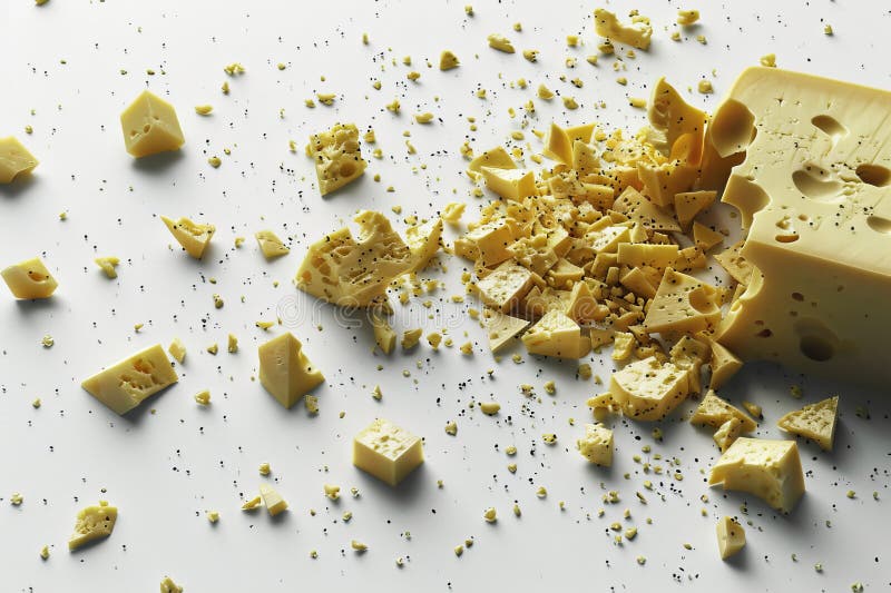 Realistic Depiction of Scattered Small Cheese Pieces on a Crisp White ...