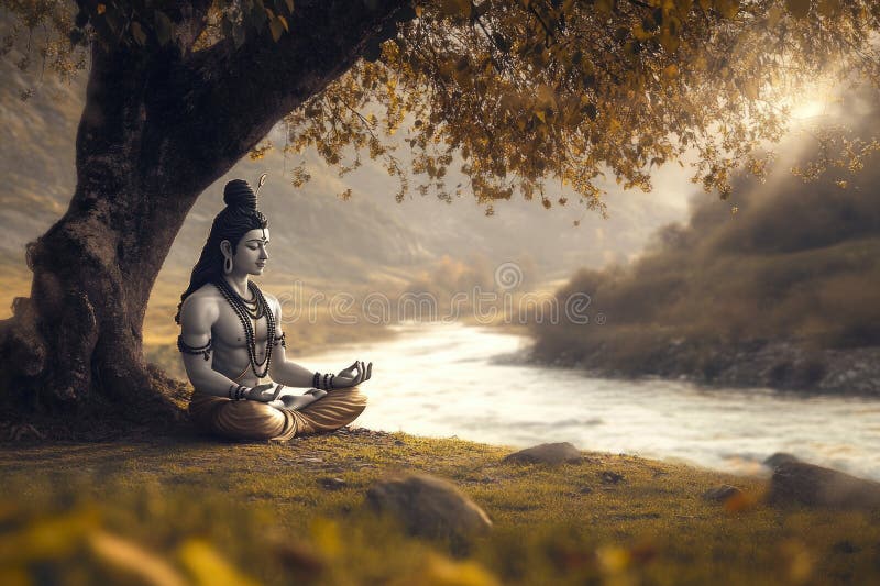 Peaceful Meditation of Shiva Under a Tree by a Serene River at Sunset ...
