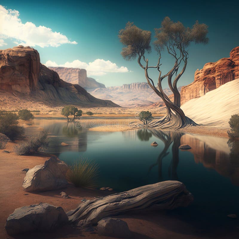 Realistic Desert Oasis Scenery Wallpaper Design Illustration ...