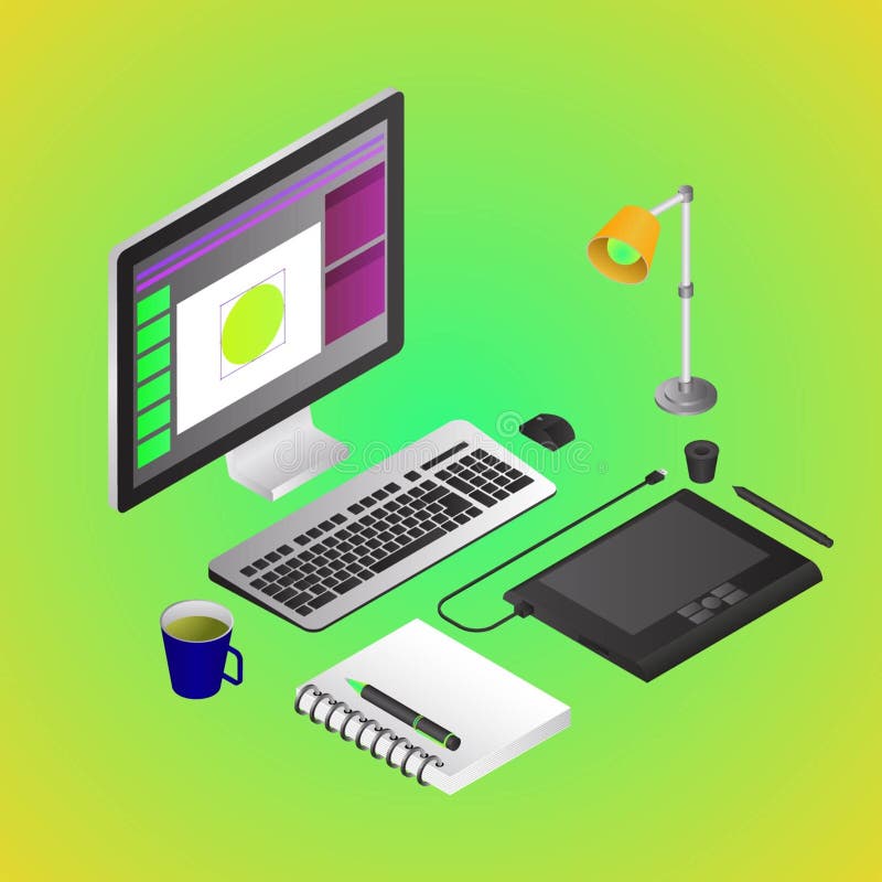 Realistic Designing Tools of Computer with Graphic Tablet, Table Lamp ...