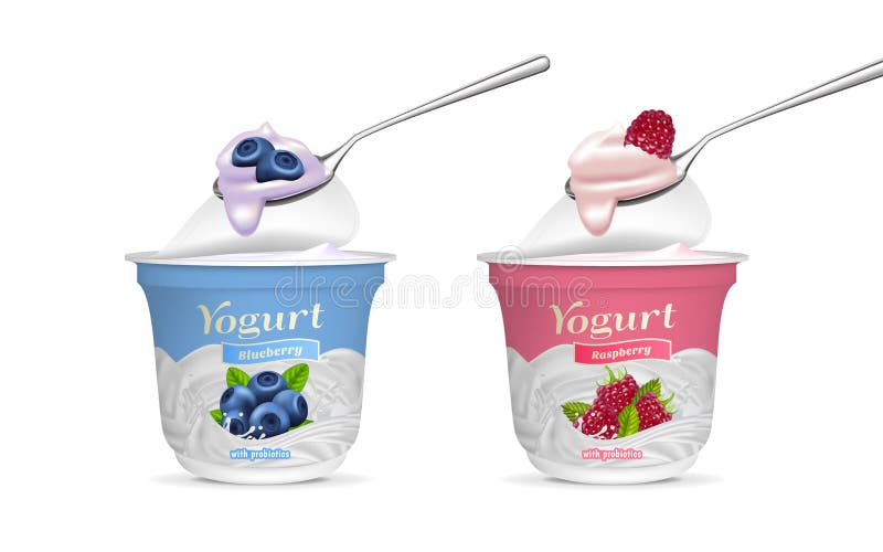 Realistic Detailed 3d Blueberry and Raspberry Taste Yogurt with Spoon ...
