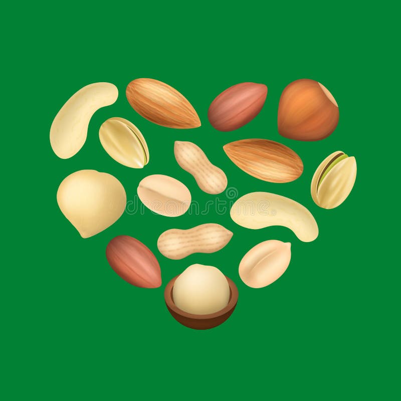 Realistic Detailed 3d Different Types Nuts Heart Shape Design Template ...