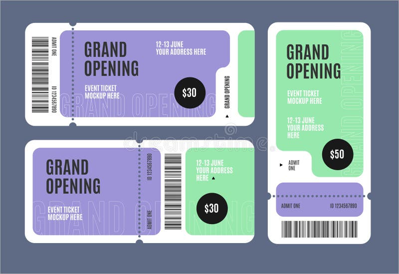 Realistic Detailed 3d Grand Opening Event Ticket Template Mockup Set ...