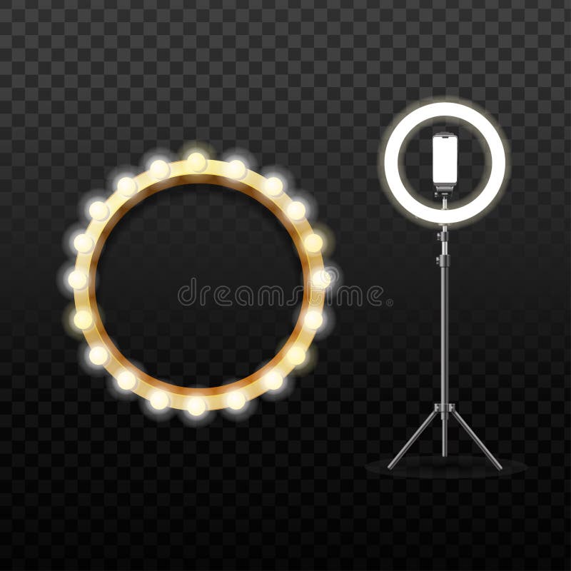 Realistic Detailed 3d Led Ring Lamp and Circle Mirror Set. Vector Stock ...