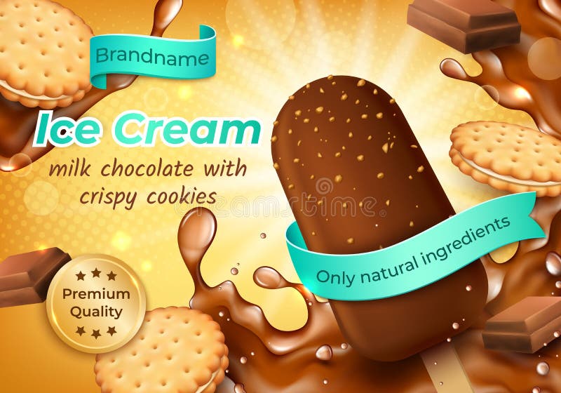 Realistic Detailed 3d Milk Chocolate With Crispy Cookies Ice Cream Ads