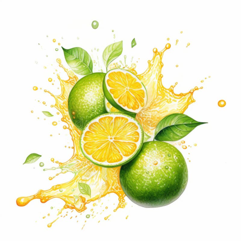 Vibrant Watercolor Illustration of Calamansi Juice Splashing on White ...
