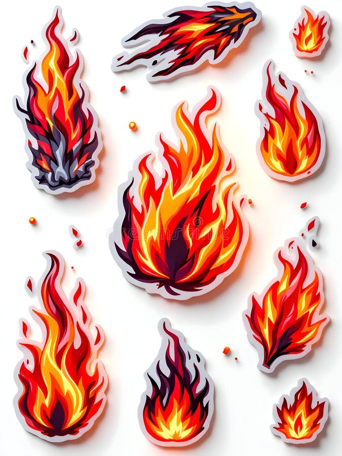 Realistic Different Types of Flame Stickers Isolated on White ...