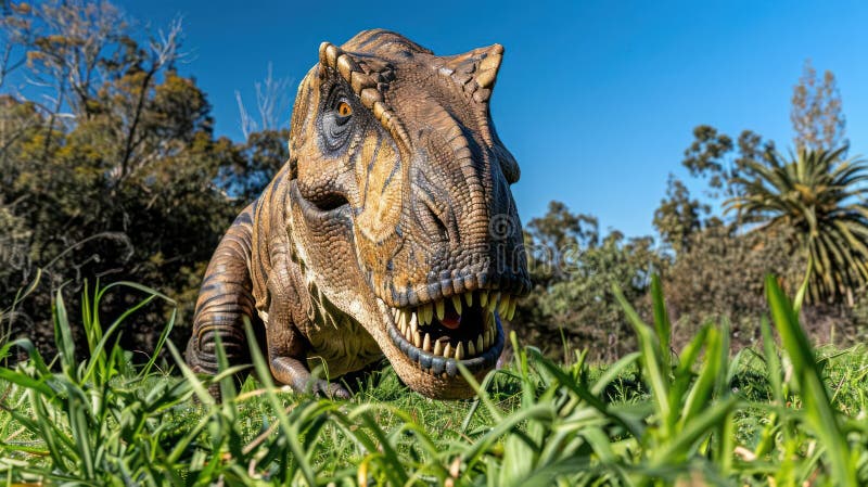Tyrannosaurus Rex Dinosaur Model in Grassy Field, Sunny Day Stock Illustration - Illustration of ...