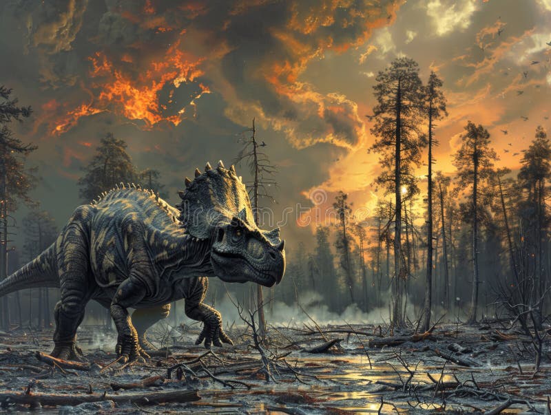 Realistic Dinosaurs in a Landscape of Charred Trees and Ash Aftermath ...