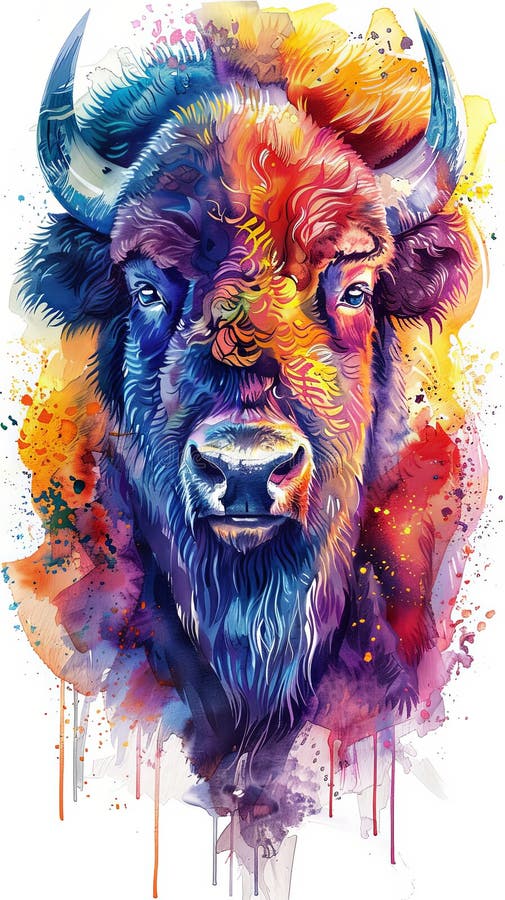 Realistic Drawing Bison Vertical Portrait in Watercolor Style Isolated ...