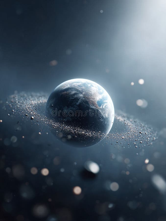 Realistic Earth Illustration in Deep Space with an Asteroid Ring. Evokes Themes of Fragility ...