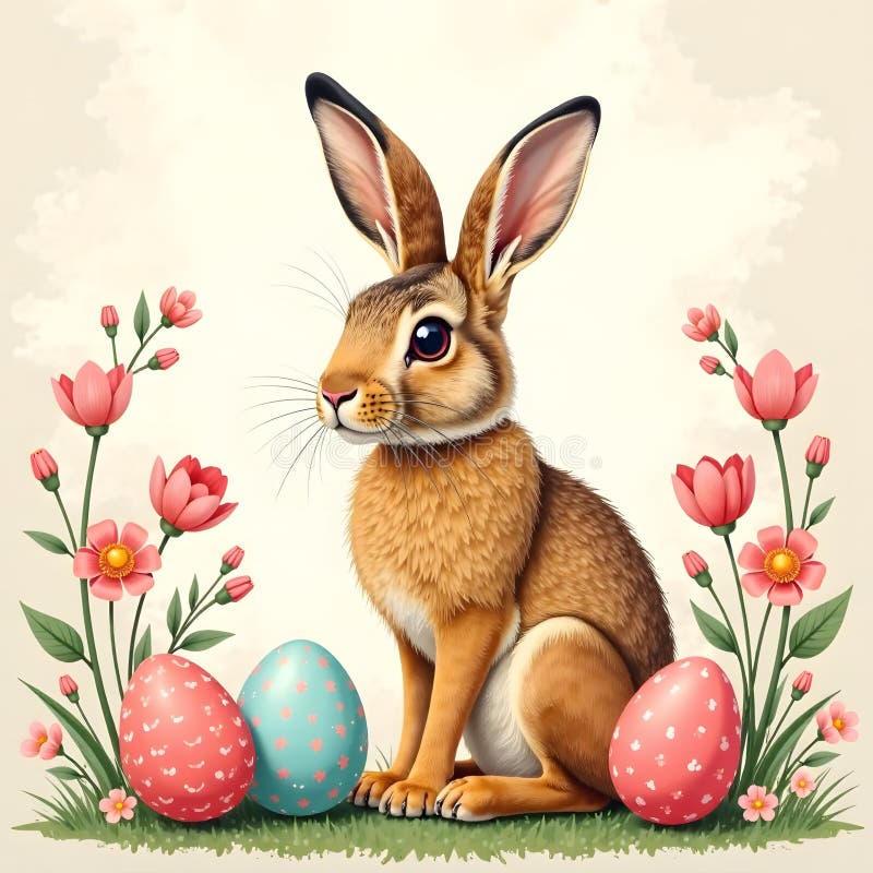 Realistic Easter Bunny with Colorful Eggs and Flowers. Stock Image ...