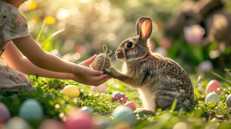Realistic Easter Bunny Give an Easter Egg To a Kid for Easter Party ...
