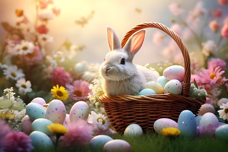 Realistic Easter Eggs Rabbit Basket of Flowers Stock Illustration ...