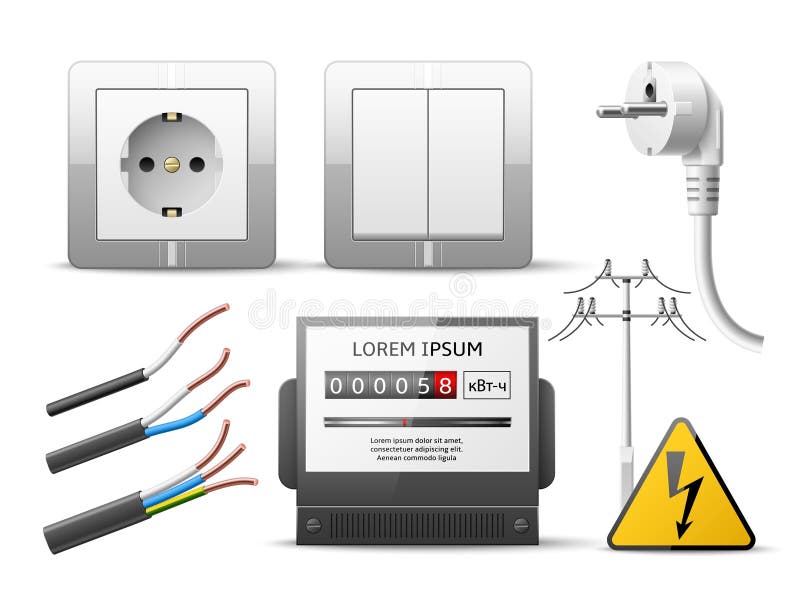Realistic Electricity. 3d Power Line, Socket, Switch, Energy Meter ...