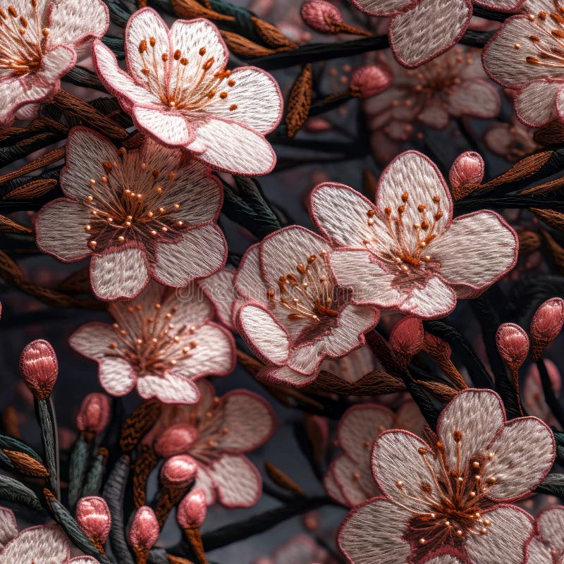 Realistic Embroidery Cherry Blossom Flowers Seamless Pattern Stock ...