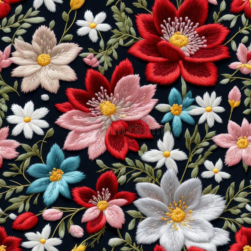 Realistic Embroidery Colorful Flowers Wallpaper Design Stock ...