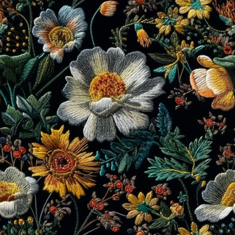 Realistic Embroidery Floral Seamless Pattern Stock Image - Image of ...