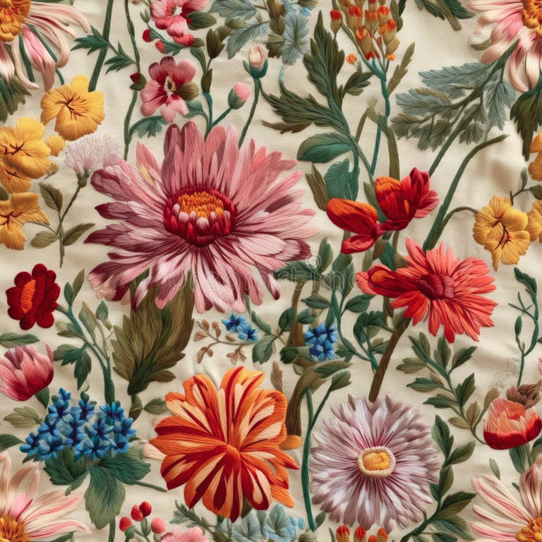 Realistic Embroidery Mixed Flowers Seamless Pattern Stock Photo - Image ...