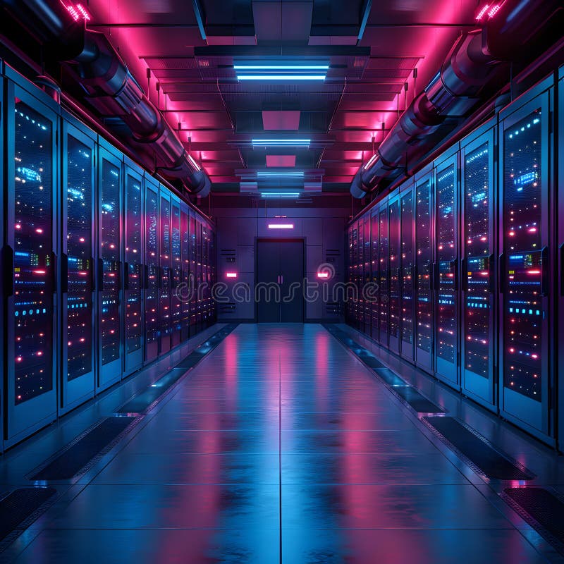 Realistic Empty Server Room with Business Banner and Connected Devices ...