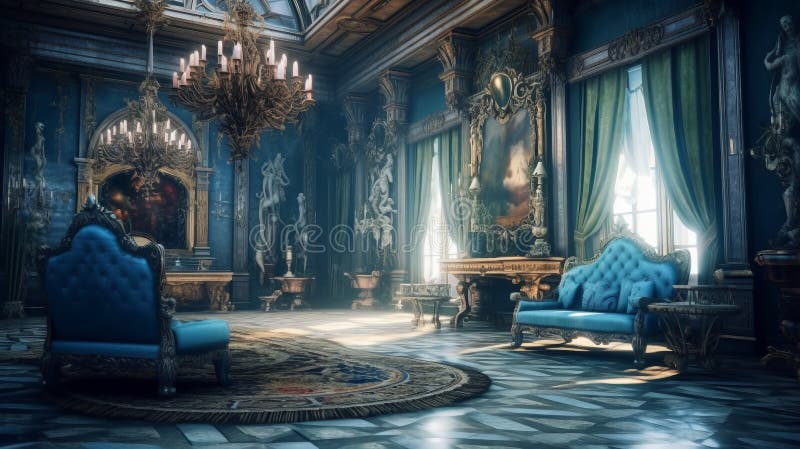A Realistic Fantasy Blue Interior of the Royal Palace. Generative AI ...