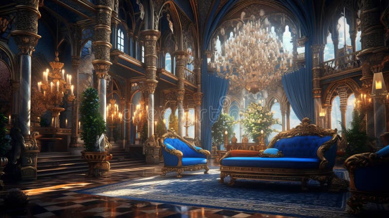 A Realistic Fantasy Blue Interior of the Royal Palace. Generative AI ...