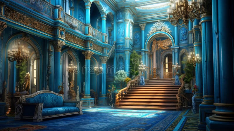 A Realistic Fantasy Blue Interior of the Royal Palace. Generative AI ...