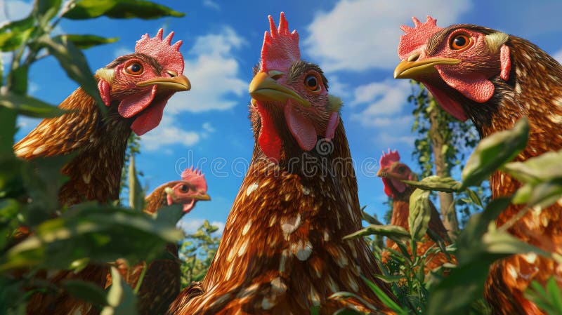 Realistic Farmyard Chickens Pecking in Lush Greenery Under Blue Skies ...