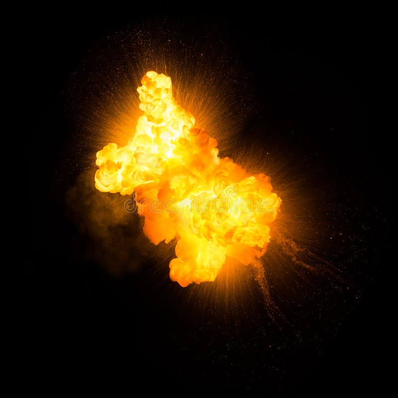Realistic Fiery Explosion With Sparks Over A Black Background Stock ...