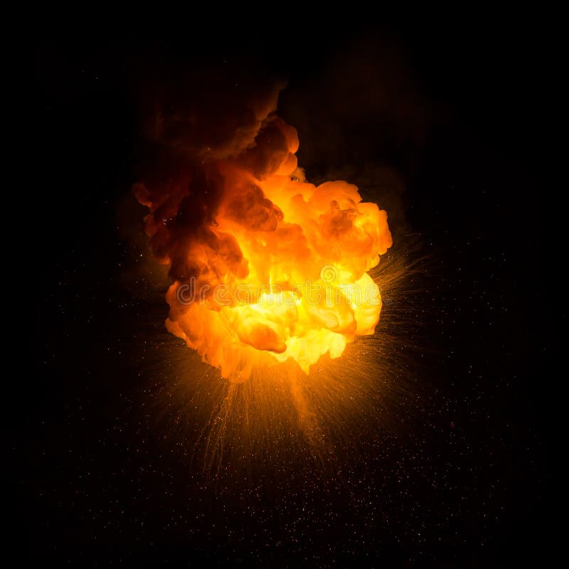 Realistic Fiery Explosion With Sparks Over A Black Background Stock ...