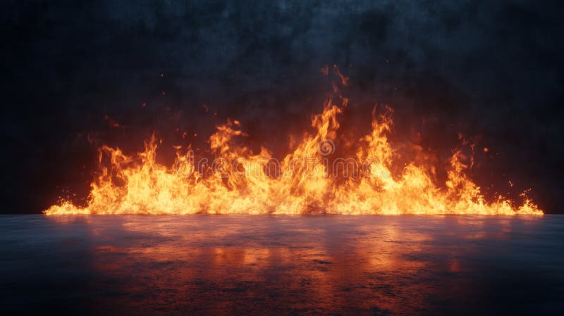 Realistic Fire Flames on Dark Background with Reflective Surface for ...