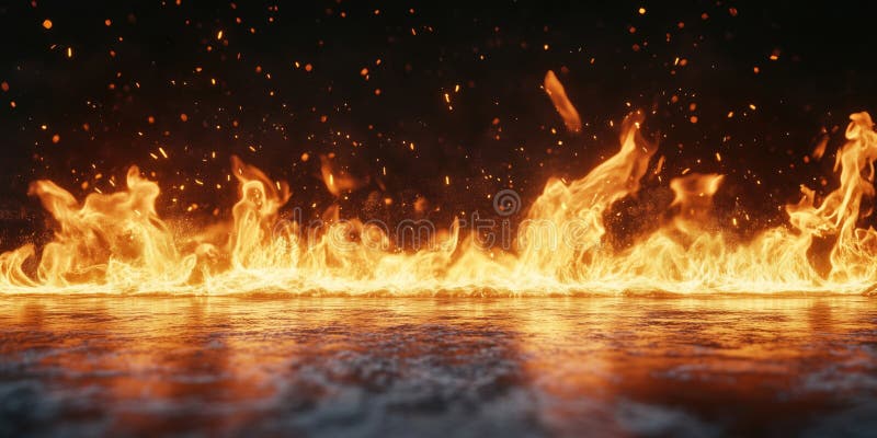 Realistic Fire Flames with Sparks and Reflections on Dark Background ...