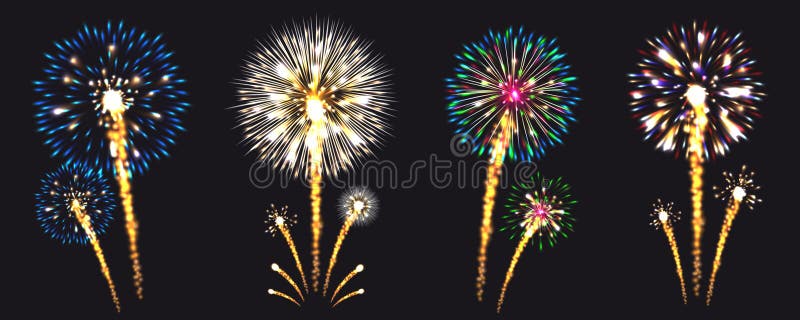 Realistic Fireworks Set in Different Sizes Shapes and Colors ...