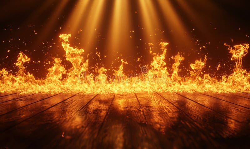 Realistic Flames on Wooden Floor with Dramatic Lighting Effects Stock ...