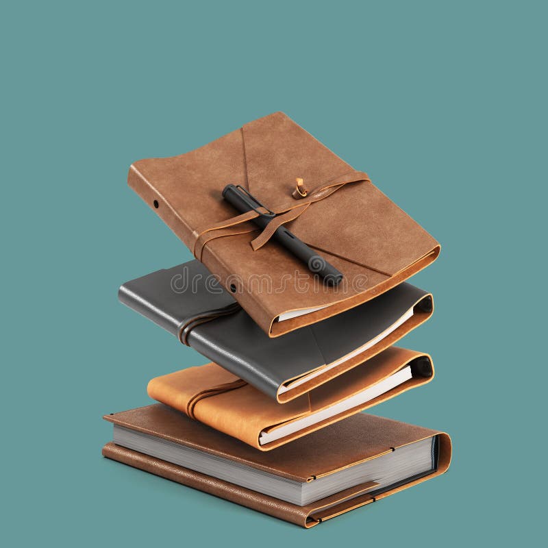 Realistic Flying Lather Notebook Set with Pen 3d Render on Color ...