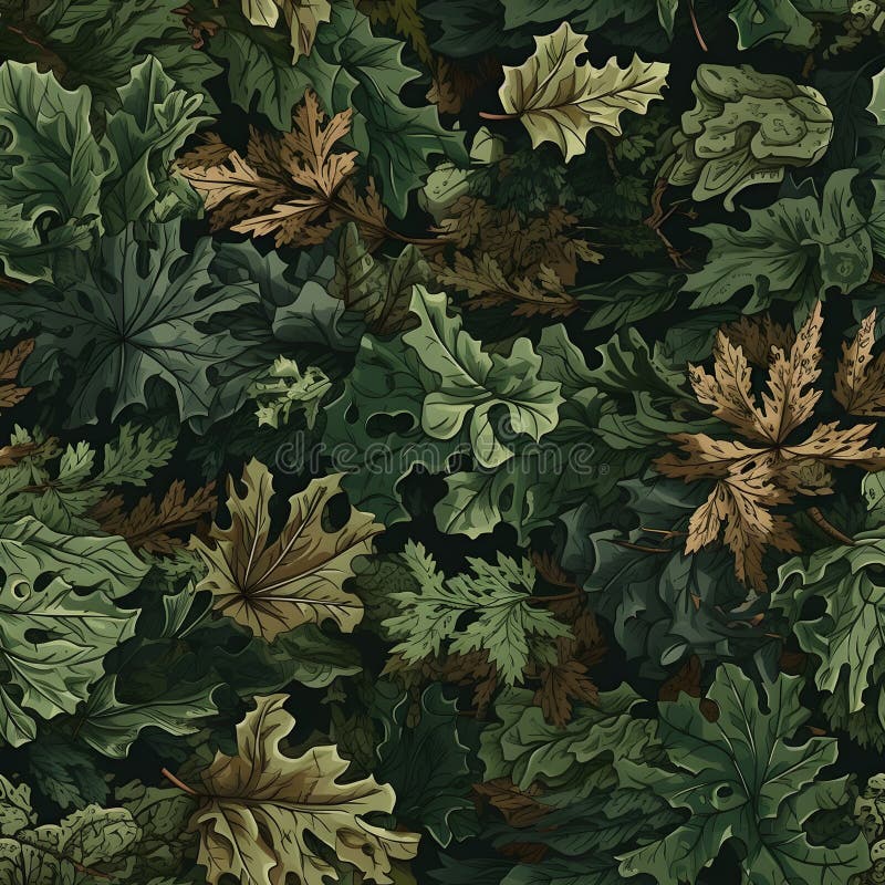 Realistic Forest Camouflage. Seamless Pattern. Conifer and Oak Branches ...