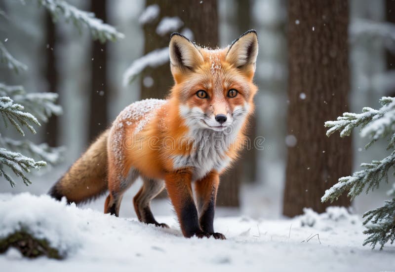 Realistic Fox Cub in Winter Forest Playing Outdoors with Falling Snow ...