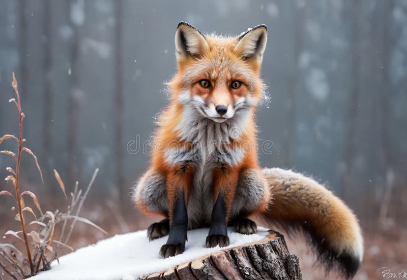 Realistic Fox Cub in Winter Forest Playing Outdoors with Falling Snow ...