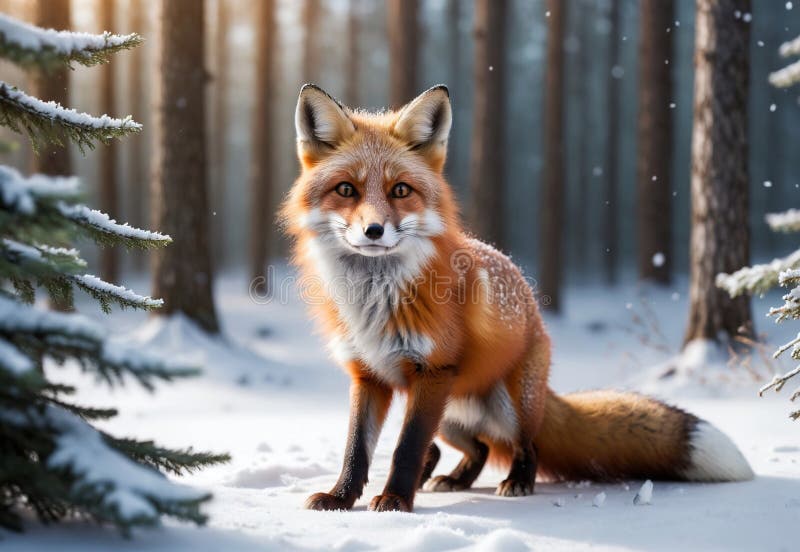 Realistic Fox Cub in Winter Forest Playing Outdoors with Falling Snow ...