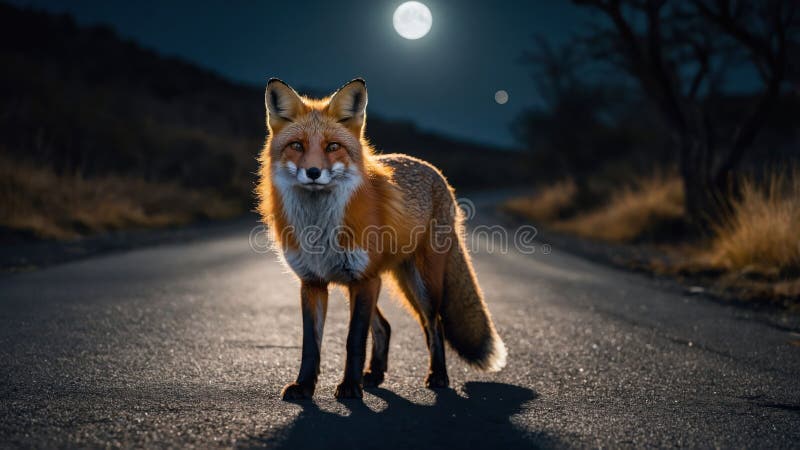 A Realistic Fox Stands on a Moonlit Road, Illuminated by the Full Moon ...