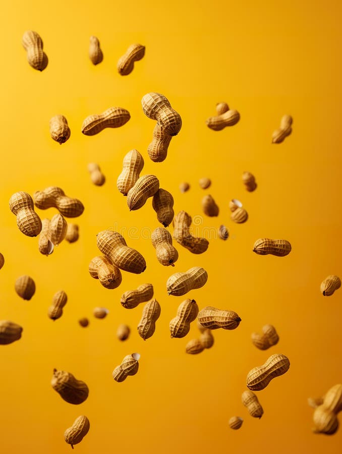 Realistic Freeze Motion of Flying Peanuts on Yellow Background ...