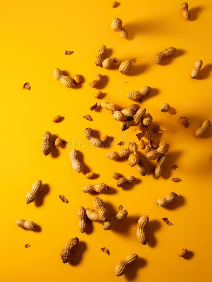 Realistic Freeze Motion of Flying Peanuts on Yellow Background ...