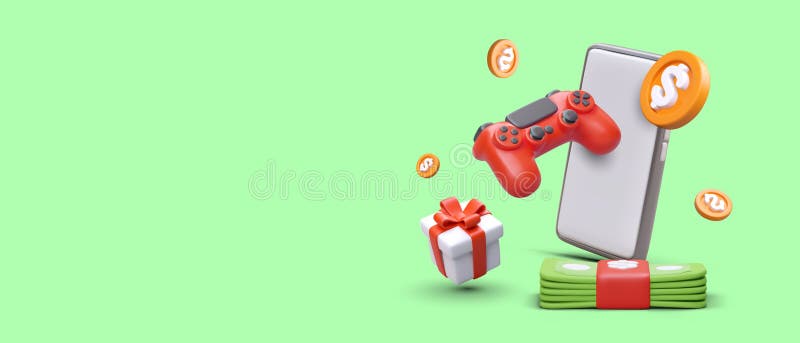 Realistic Gamepad, Smartphone, Coins, Banknotes, Gift in Box Stock ...